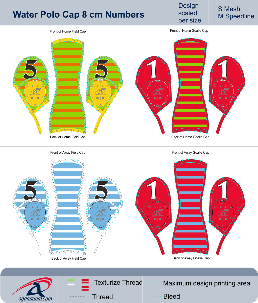 Mesh Water Polo Cap with 8cm numbers Fully Front and Back Lined (2 ...